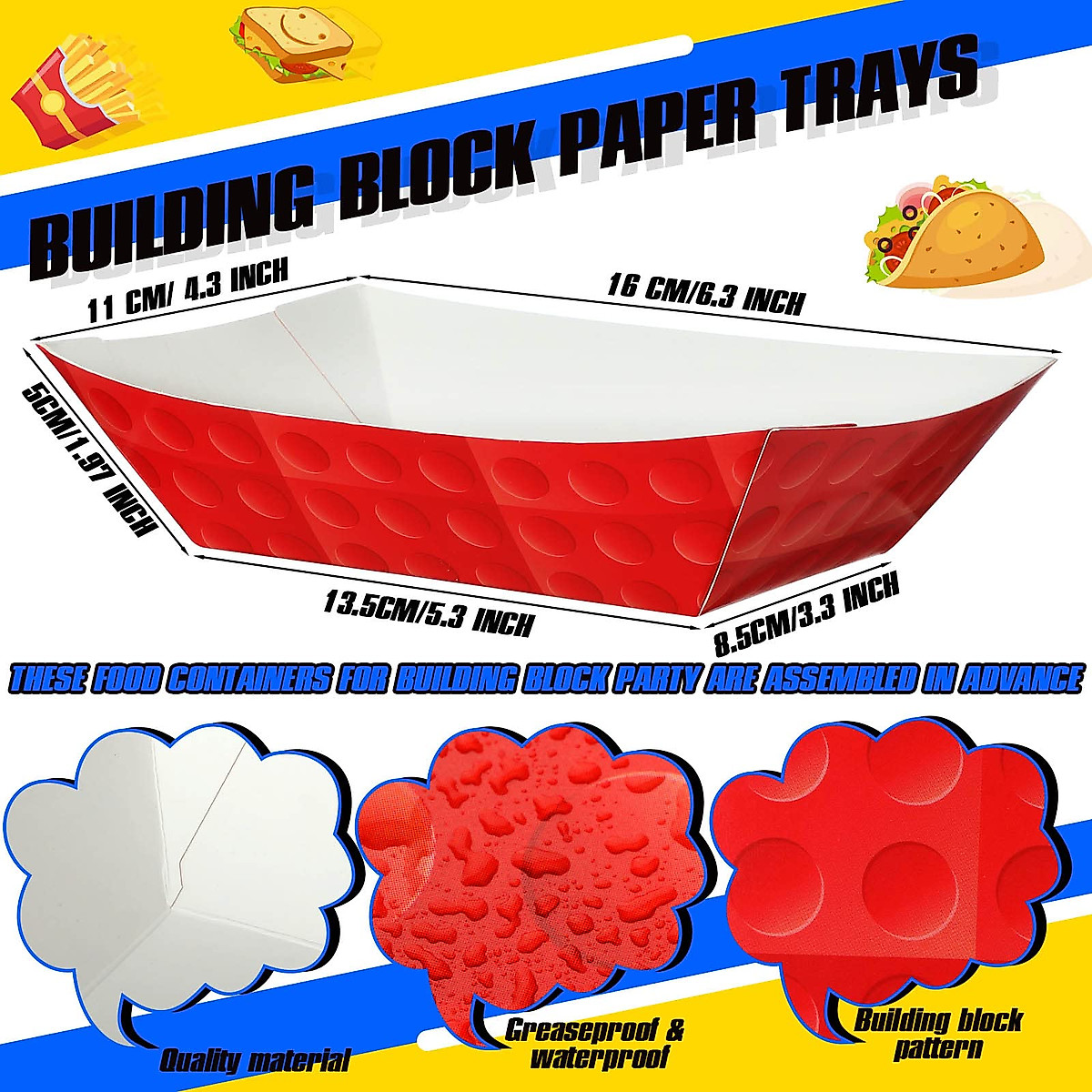 Ctosree 60 Pcs Building Block Favor Paper Food Trays Large Brick Theme Party Disposable Serving Tray Food Boats Nacho Trays Hot Dog Holder Concession Stand Supplies for Building Block Themed Party