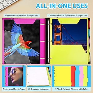 WOT I All-in-one Telescoping Binder Notebook, Refillable 3 Ring Binder with Customized Front Cover+Catalog Back Pocket+5 Subject Dividers+Movable Pocket Folder+60 Sheets Notepaper, Pink