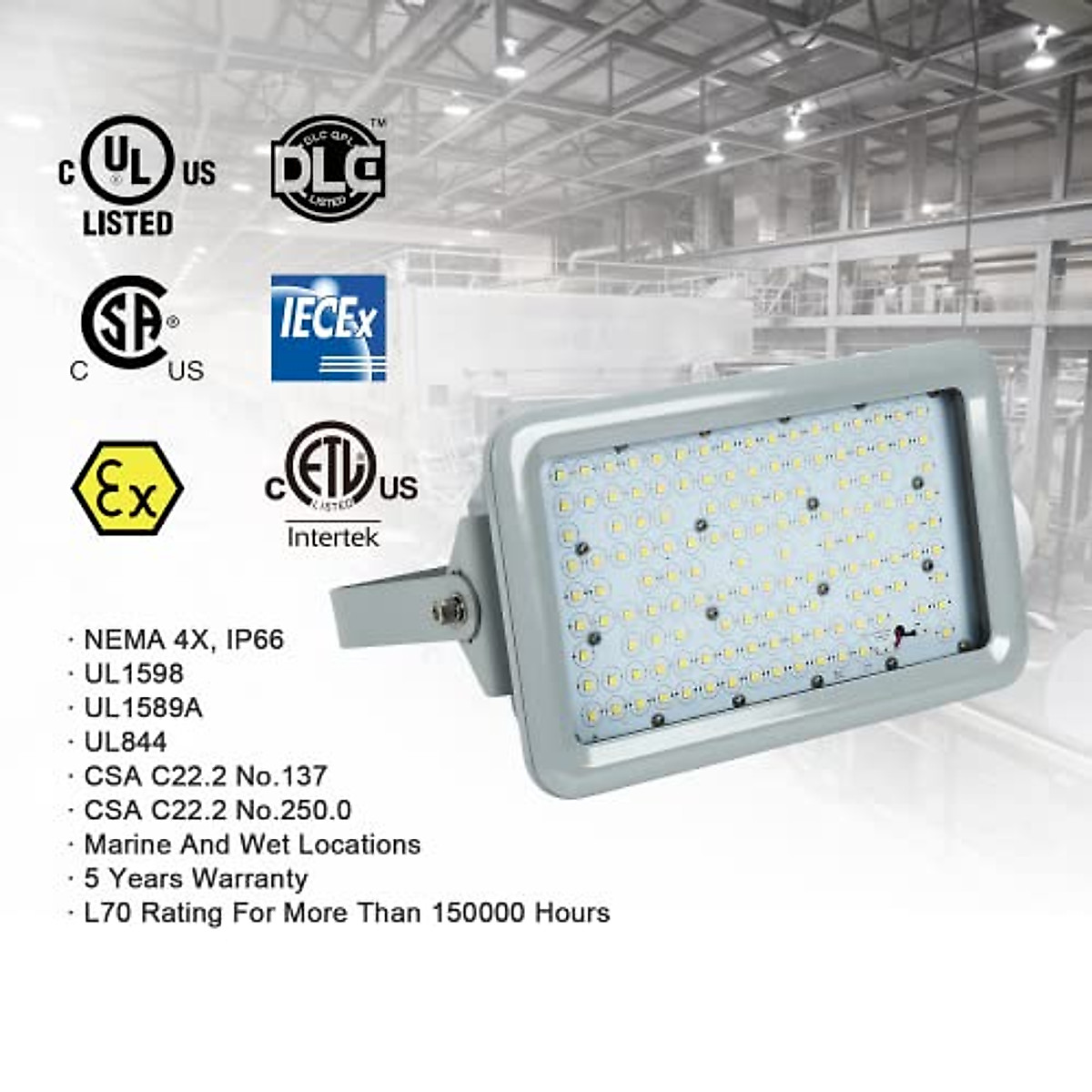 Sokply LED Explosion Proof Light UL844 Certified 250W 35000LM(1000W HPS Eqv.), Class I Division II Hazardous Locations Luminaires Warehouse Lighting 100-277V, IP66 A4 Series