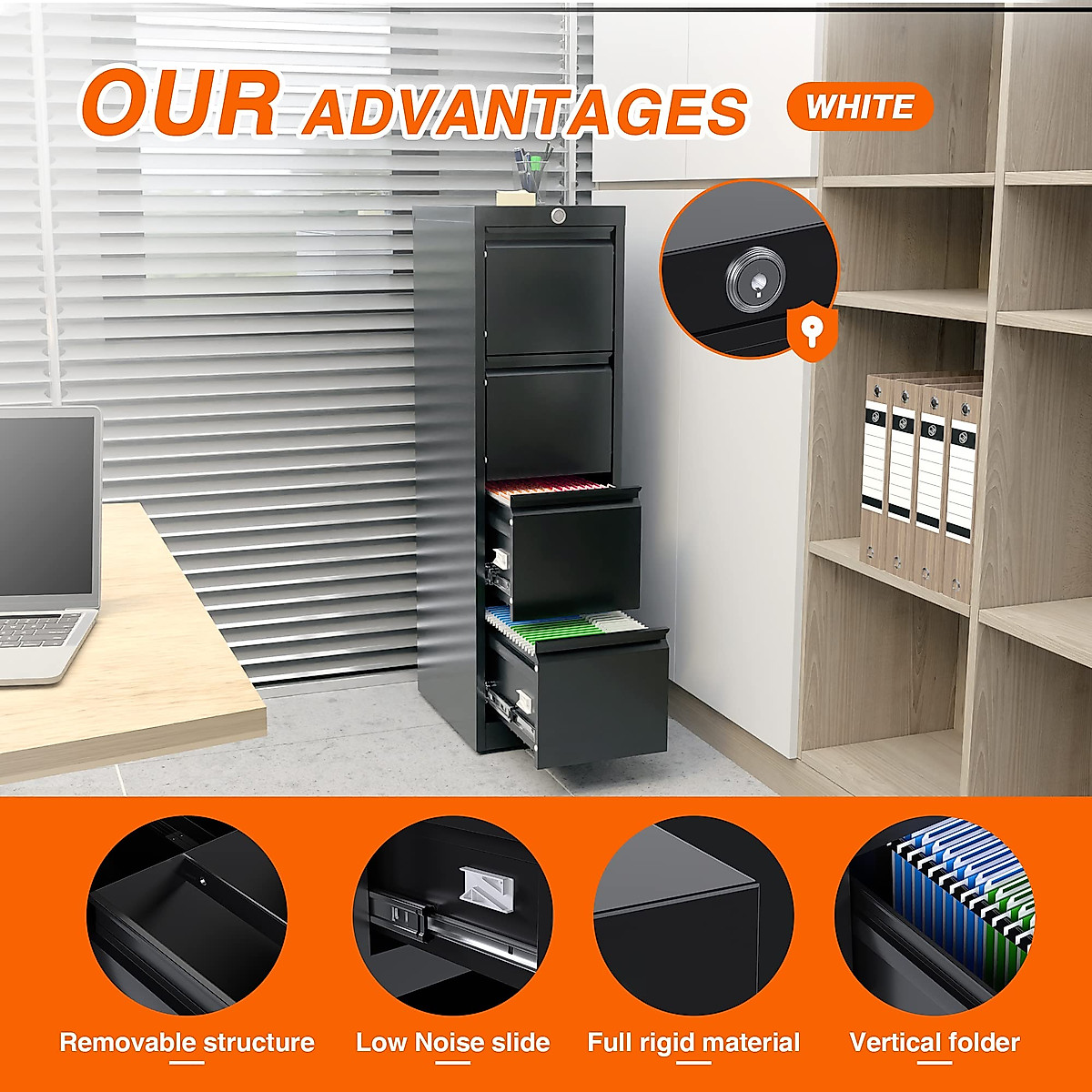 METAN 4 Drawer File Cabinet with Lock, Metal Vertical File Cabinet for Home Office, Locking Steel Filing Cabinet for Hanging Letter/Legal Folders, Black