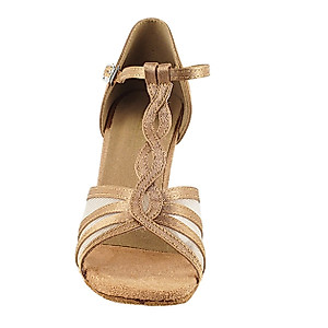 Very Fine Ladies' Latin, Rhythm & Salsa Dance Shoes - 1692 Classic Series - 2.5" Heel + one Pair of Heel Protectors Bundle (Brown Satin & Flesh Mesh, Numeric_6_Point_5)