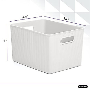 Superio Ribbed Collection - Decorative Plastic Open Home Storage Bins Organizer Baskets, White & Brown (Set of 2) 2 X-Large - Container Boxes for Organizing Closet Shelves Drawer Shelf