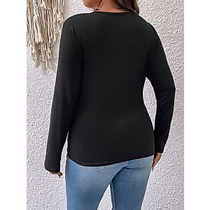 WDIRARA Women's Plus Size Deep V Neck Criss Cross Ring Long Sleeve Sexy Tee Tops Black 2XL