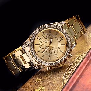 Top Plaza Unisex Gold Fashion Womens Mens Crystal Accented Analog Quartz Bracelet Watch (Golden)