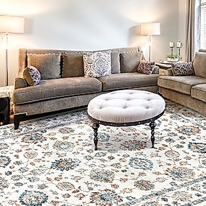 Mcadore 8x10 Washable Vintage Boho Area Rug - Non Slip, Foldable Large Carpet for Living Room, Bedroom, Kitchen - Beige/Multi - Print Design