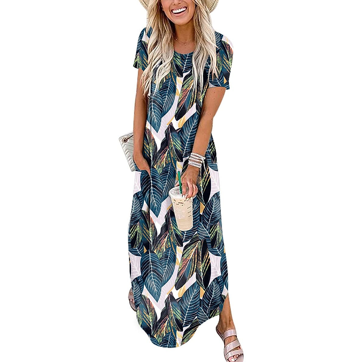 ANRABESS Women's Summer Casual Loose Short Sleeve Long T Shirt Dress Split Maxi Beach Sundress Travel Vacation Outfits Leaf Print X-Large