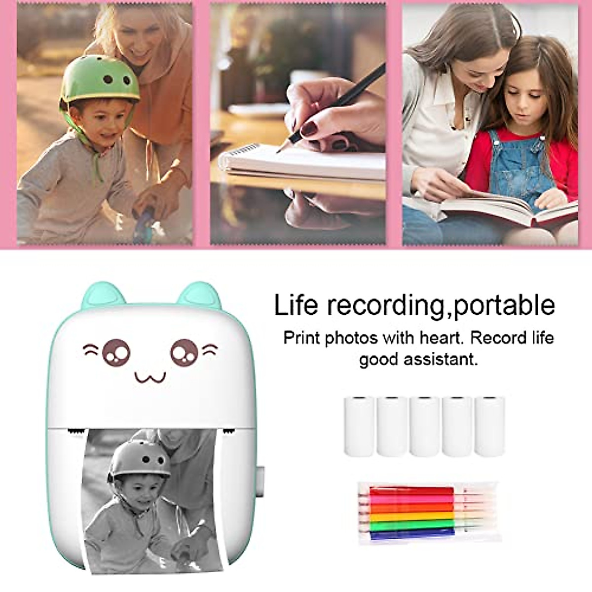 EMVANV Mini Pocket Thermal Printer, Portable Bluetooth Compatible Travel Printer Label Printer Printable Photos, Lists, QR Codes, Notes with Printing Paper(Blue)