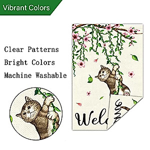 Louise Maelys Welcome Spring Garden Flag 12x18 Double Sided, Burlap Small Cat Flower Floral Garden Yard Flags for Seasonal Outside Outdoor House Decoration (Only Flag)