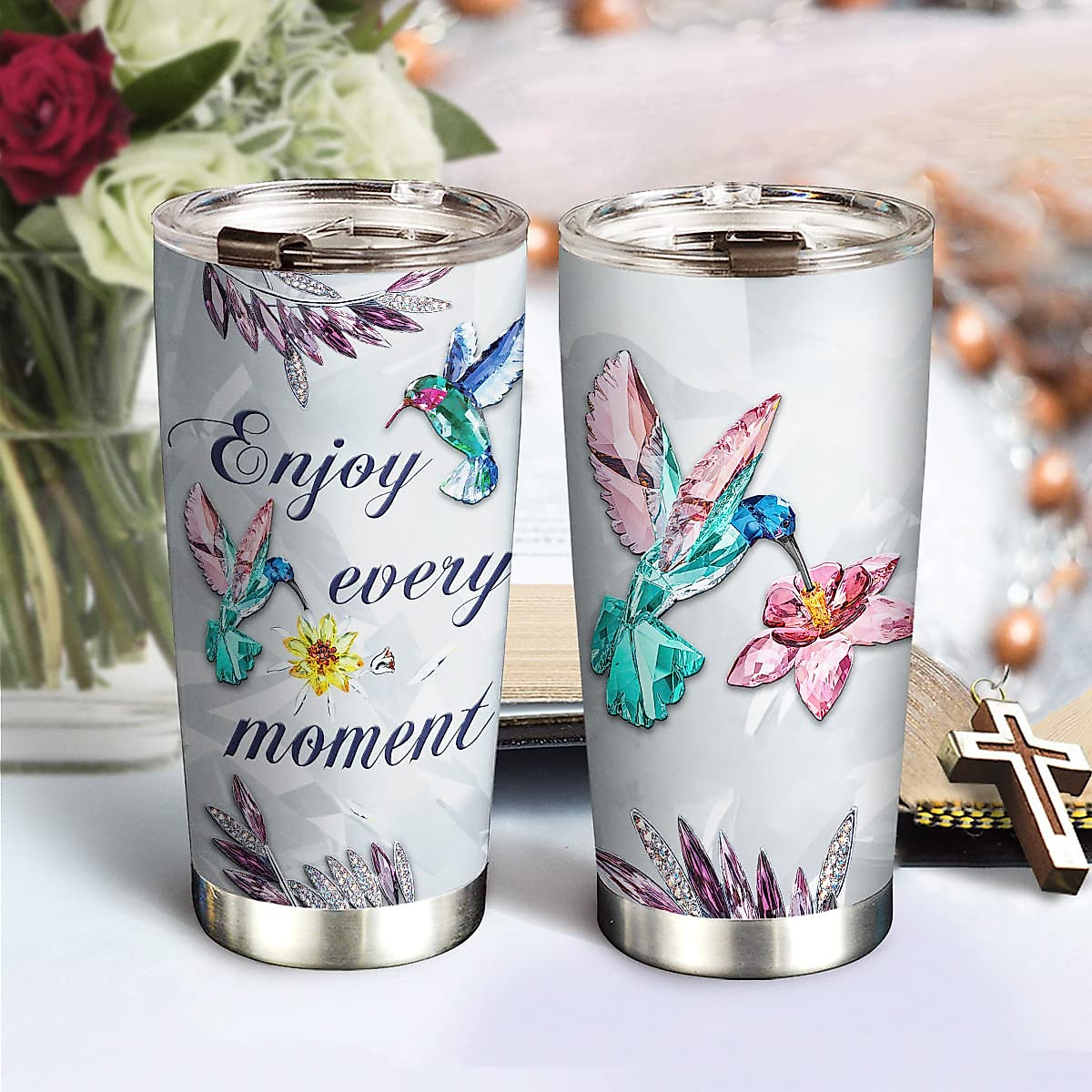 20oz Hummingbird Gifts for Women, Valentines Day Gifts for Her, Birthday Gifts for Women, Coffee Thermos for Women Crystal Jewelry Hummingbird Tumbler Cup, Insulated Travel Coffee Mug with Lid