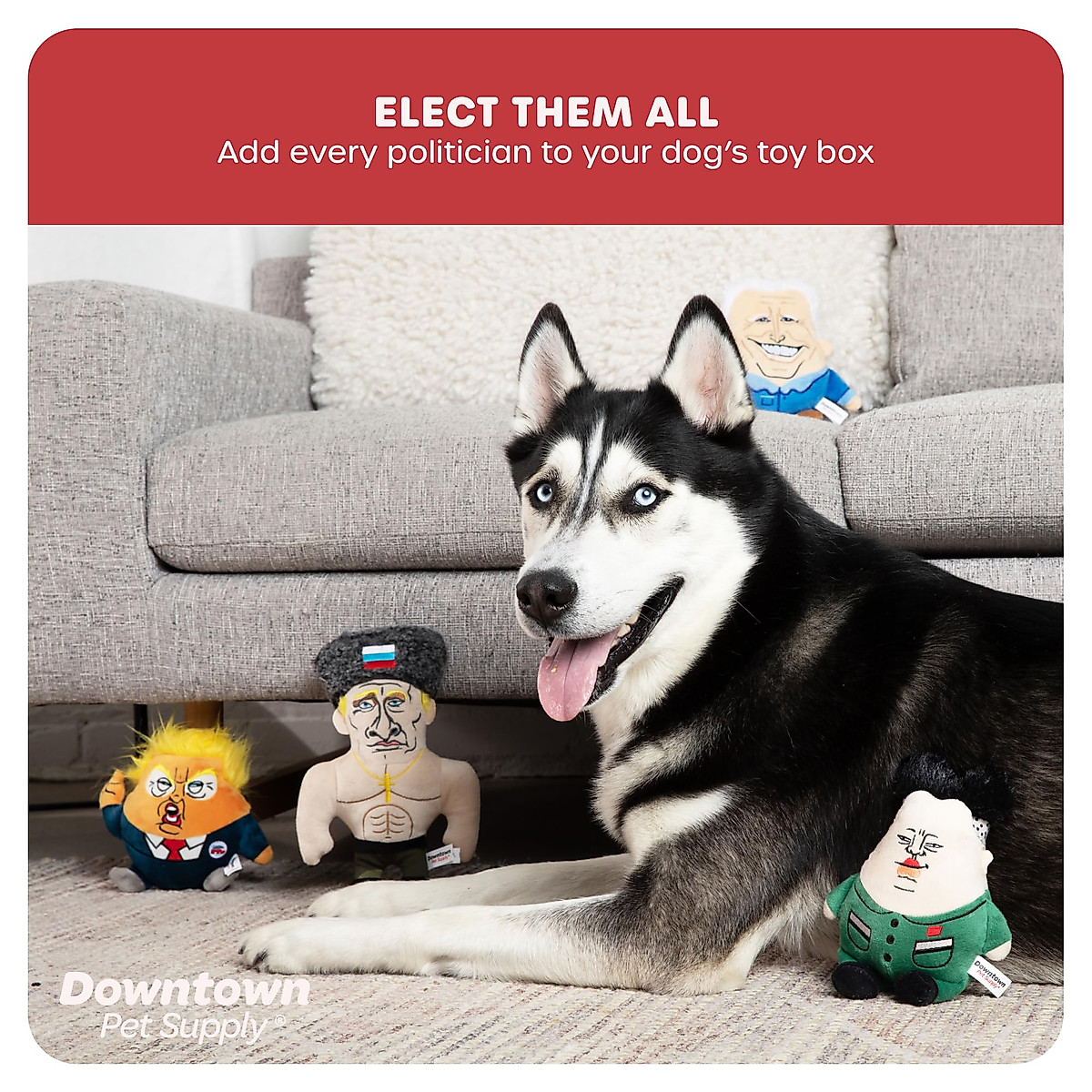 Downtown Pet Supply President Chomp Political Dog Toy - Novelty Political Parody, Dog Chew Toy with Squeaker - Trump Dog Toy Plush Design with Double Stitching