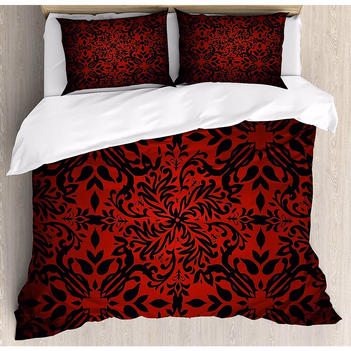 Ambesonne Oriental Duvet Cover Set, Mandala Inspired Curly Flowers and Leaves Details Frame Illustration, Decorative 3 Piece Bedding Set with 2 Pillow Shams, King Size, Vermilion and Black