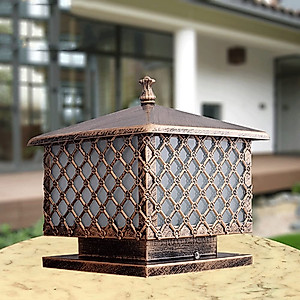 DAKWA European Bronze Post Cap Lights with Striped Glass Shade Column Lantern Rainproof Street Outdoor Lighting for Outside Patio Yard (Size : Width:15.7nch)