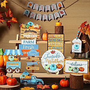 Bucherry 22 Pcs Thanksgiving Tiered Tray Decoration Fall Thanksgiving Decoration Farmhouse Rustic Wooden Sign Pumpkin Truck Blocks Autumn Wooden Sign for Fall Home Table Harvest Decor