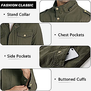 Men's Military Jacket Casual Cotton Lightweight Windbreaker with Removable Hood (Large, Army Green)