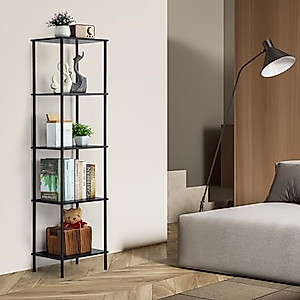 LING RUI 5 Tier Shelves Bookshelf, Tall Narrow Bookcase with Shelves,Wood and Metal Book Shelf Storage Organizer,Industrial Display Standing Shelf for Home Office, Living Room, Bed Room(Black)