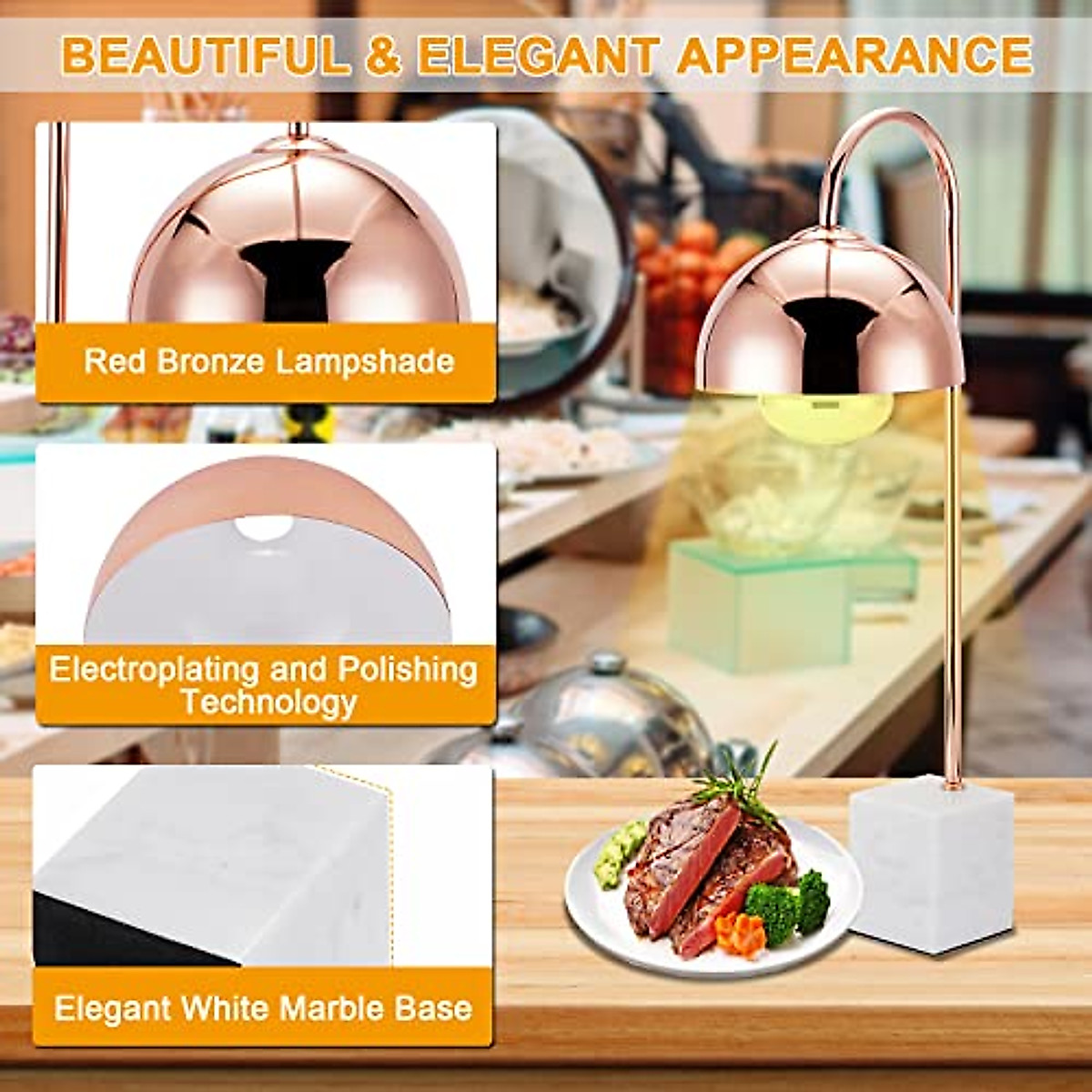 Commercial Food Heat Lamp with Marble Base Infrared Heating Bulb for Food Heating Warmer Light Lamp for Food Service Heat Lamp