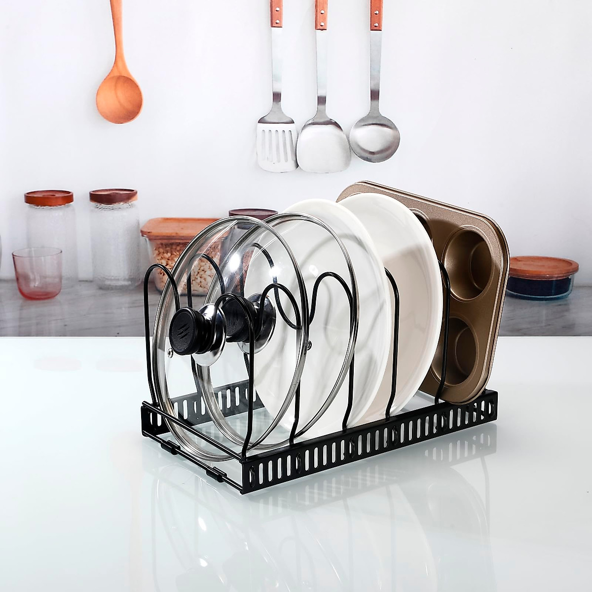 Mr Rabbi Pots and Pans Organizer Rack For Cabinet, 2 Pack Pot Lid Organizers, Or 1 Expandable Pot Rack For Kitchen Cabinet Pantry Bakeware Lid Holder with 10 Adjustable Compartments