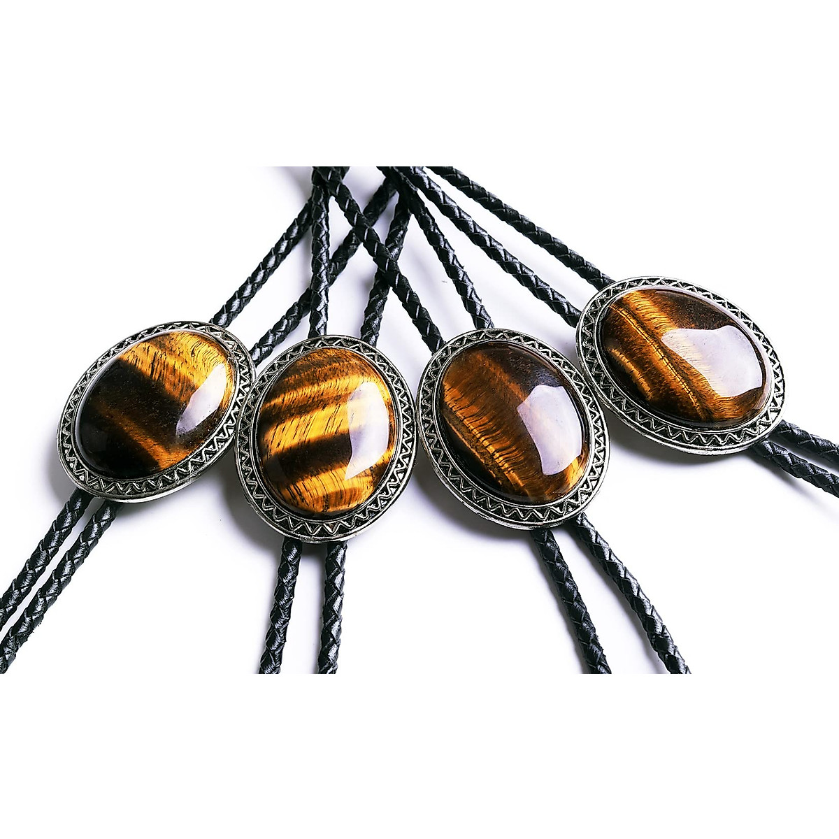 Moranse Bolo Tie with Natural Tiger Eye Stone Celtic Style Genuine and Cowhide Rope(Tiger Eyes 1 Style)