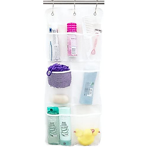 S&T INC. Shower Organizer with Quick Drying Mesh, Bathroom Caddy Organizer with 7 Pockets to Hold Toiletries, Shampoos, Soaps, and Loofahs, 14 Inch by 30 Inch, White, 1 Pack