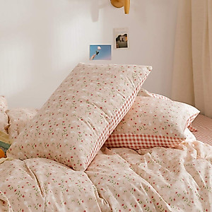 BlueBlue Rabbit Duvet Cover Set Queen 100% Cotton Bedding for Kids Boys Girls Teens Cartoon Bunny Red Flower Garden on Pink 1 Reversible Check Comforter Cover Full 2 Pillowcases