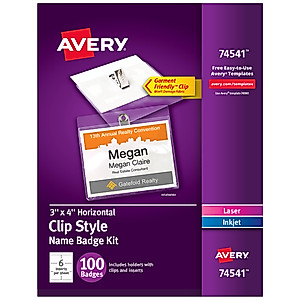 Avery Customizable Name Badge Clips, 3" x 4", White, 100 Printable Inserts and Badge Holders with Clips (74541)