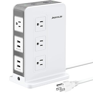 JACKYLED Power Strip Surge Protector Tower, 10 Widely Multi Outlet with 4 USB Vertical Charging Station, 1875W 15A, 1080J with 6ft Heavy Duty Extension Cord,UL Certificate, ETL Listed, White