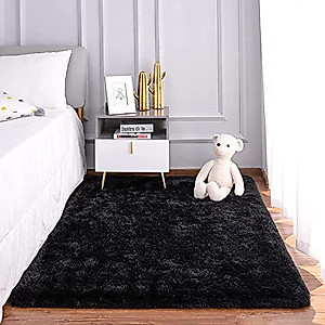 4X6 Black Area Rugs for Living Room Super Soft Floor Fluffy Carpet Natural Comfy Thick Fur Mat Princess Girls Room Rug (4x6 Feet, Black)