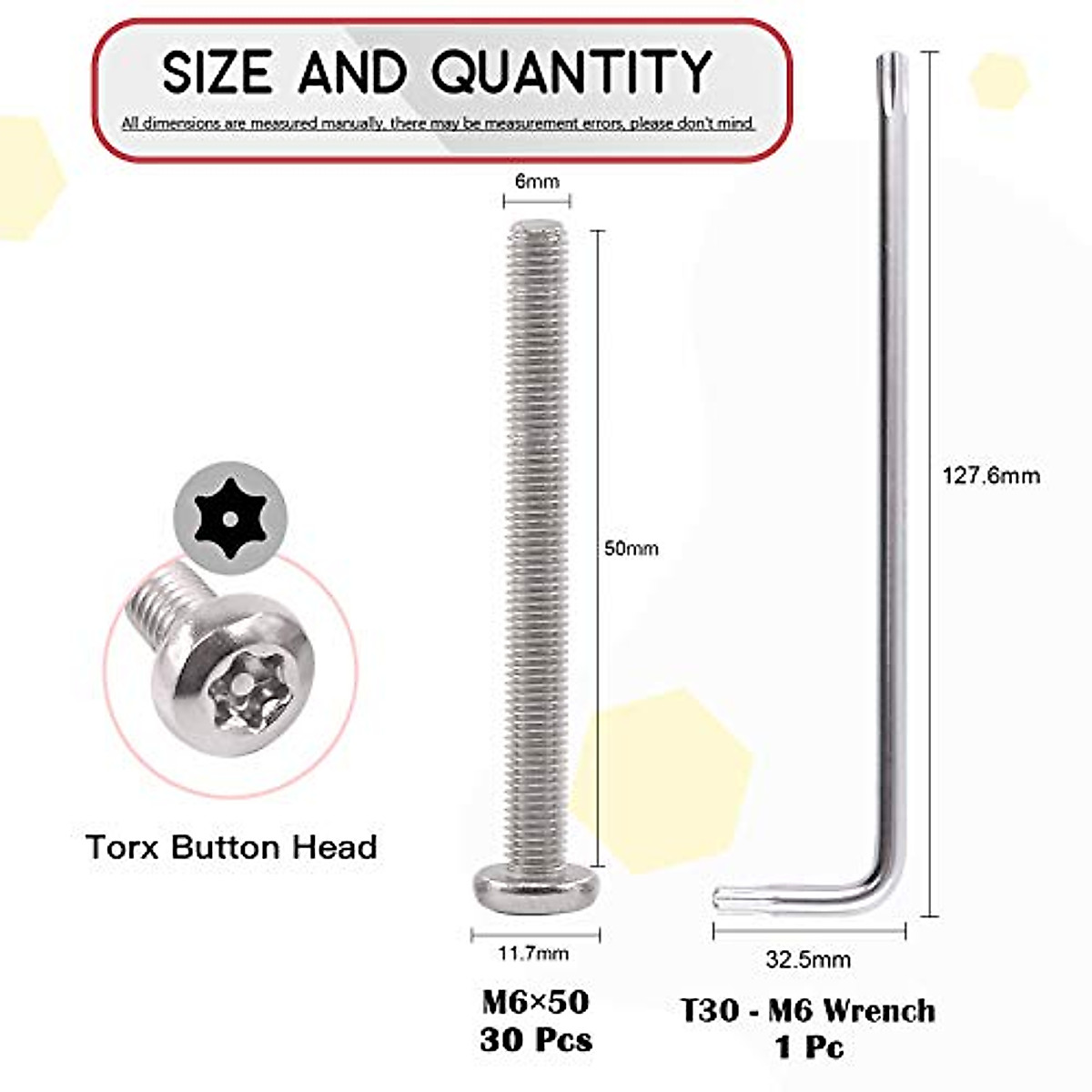 Hilitchi M6 30PCS Button Head Torx Security Screws Stainless Steel Tamper Proof Screws w T30 Bit (M6X50)