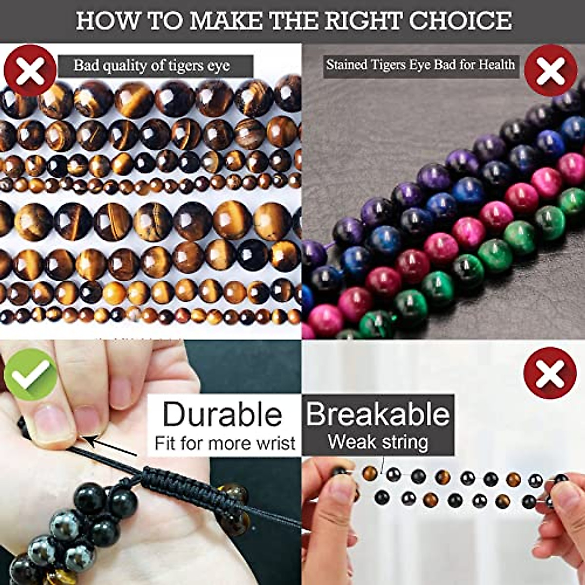 HASKARE Triple Protection Bracelet, Genuine Tigers Eye Black Obsidian and Hematite 8mm Beads Bracelet for Men Women, Crystal Jewelry Stone Bracelets Bring Luck and Prosperity and Happiness