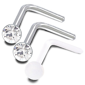 3Pcs L Shaped Nose Ring 18g Surgical Stainless Steel And 20g Retainer Nostril Piercing Studs Jewelry 2.5mm Clear Crystal