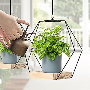 Kitypartsy Plant Hanger with Wood Base - Hanging Plant Holder, Hanging Planter/Pot for Indoor Plants Boho Macrame for Wall/Window/Room Decor, Black - Hexagon (Planter/Plants Not Included)