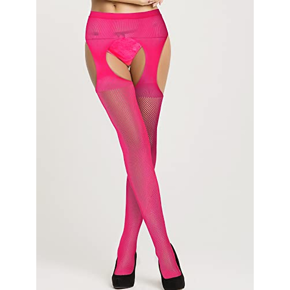 6 Pairs Women Fishnet Thigh High Stockings Garter Belts and Suspender Pantyhose Stockings for Halloween (Classic, Black, White, Rose Red, Purple, Red, Dark Blue, Medium-Large)