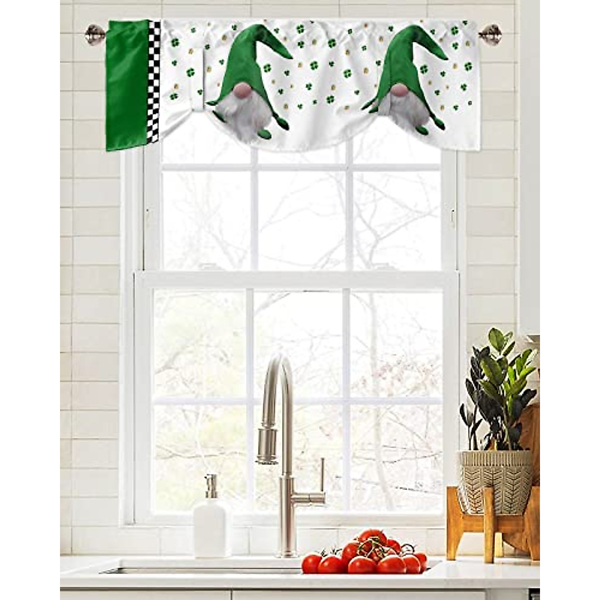 Tie-Up Valance Curtains for Window - St. Patrick's Day Cute Gnome Elves Shamrock Clover Gold Coin Black White Plaid Kitchen Valance - Light Filtering Valance Short Curtains with Adjustable Tie 54x18In