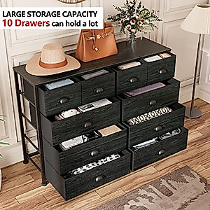 Furnulem 10 Drawer Dresser for Bedroom, Chest of Drawer for 55'' Long TV Stand, Small Nightstand with 3 Fabric Storage Drawers and 2-Tier Shelf