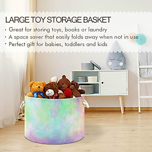 ALAZA Large Storage Basket for Toys Purple Tie Dye Rainbow Print Round Blanket Basket Laundry Hamper Canvas Organizer Bin Box Cotton Rope Collapsible Bucket Pillow Home Decor