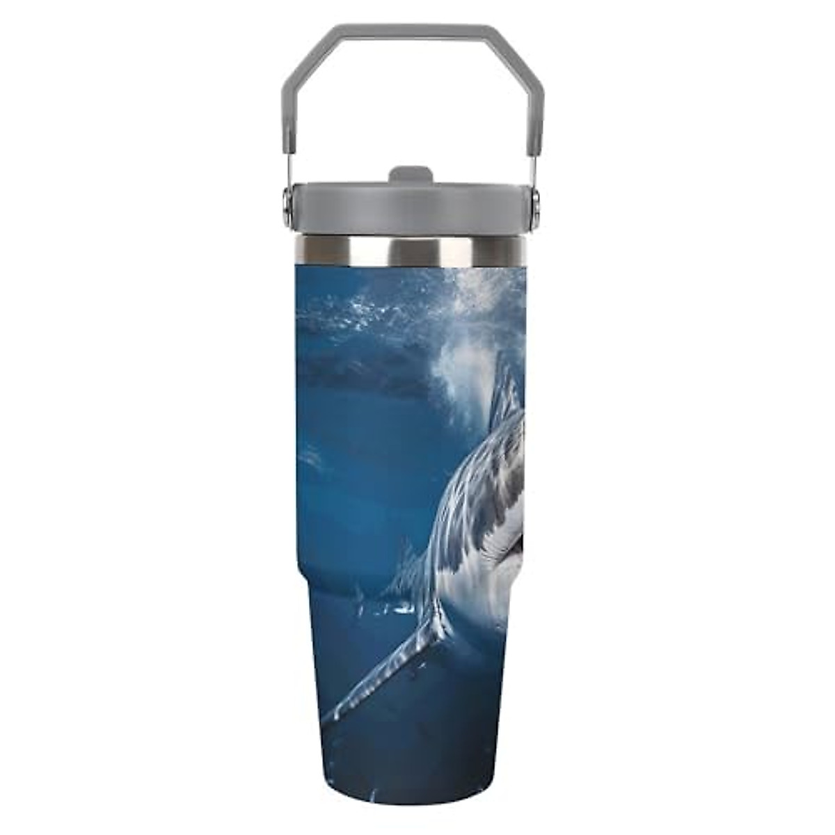 Great White Shark Opens Mouth 30 Oz Tumbler with Handle And Flip Straw, Stainless Steel Vacuum Insulated Travel Mug, Thermal Cup for Coffee, Water, Iced Drinks, Fits Car Cup Holders (Home, Sports)