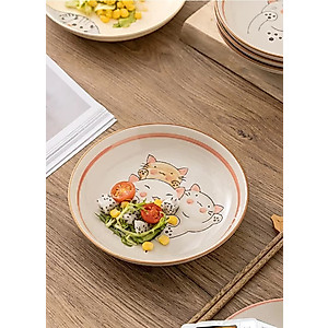 LAKistagu White Pasta Serving Bowls 24 Ounce,White Ceramic Cute Japanese Salad Dinner Bowl Plates.8 Inch Porcelain Pasta Shallow Bowl Deep Plate.(Round Cat)