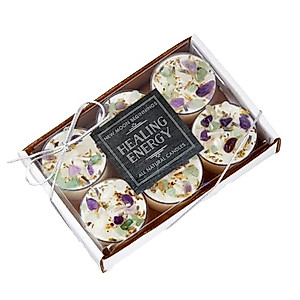 Healing Energy Candle by New Moon Beginnings - Negative Energy Cleansing - Soy Aromatherapy Candle - Handmade Candle with Crystals & Herbs - Energy Healing Candle - Set of 6 Tealights