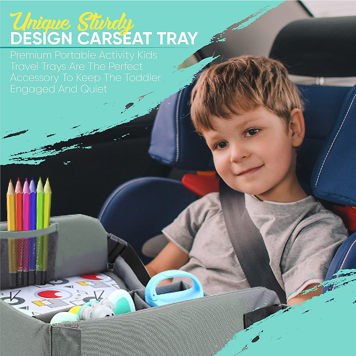 Kids Travel Tray - Car Seat Tray or Table as Road Trip Essentials – Children Kids Lap Desk as Travel Accessories for Toddler Airplane Travel Activity, Snack with Storage Pockets & Dry Erase Board