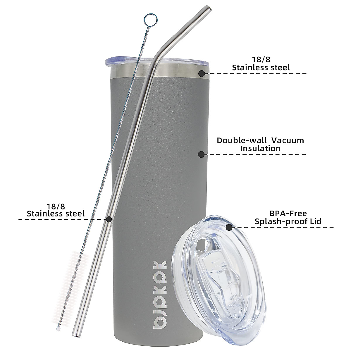 BJPKPK Skinny Tumbler with Lid 20 oz Stainless Steel Slim Vacuum Insulated Tumblers Cup,Gray