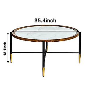 Round Coffee Table, 35in Modern Living Room Accent Side Tea Table with Marbling Glass Top, Black Gold Metal Legs Industrial Sofa Center Table for Dining Room with Wood Top Frame