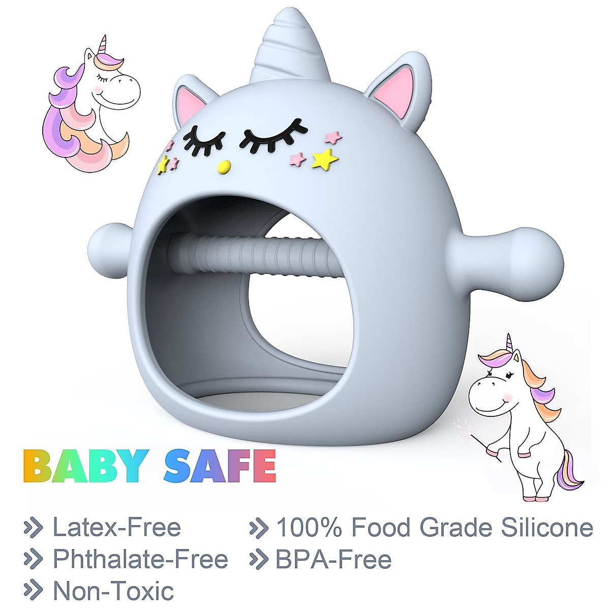 Tinabless Teething Toys (5 Pack) + Unicorn Never Drop Silicone Teether Set for Babies 6-12 Months, Natural Organic Freezer Safe for Infants and Toddlers, Silicone Baby Teethers (Blue)