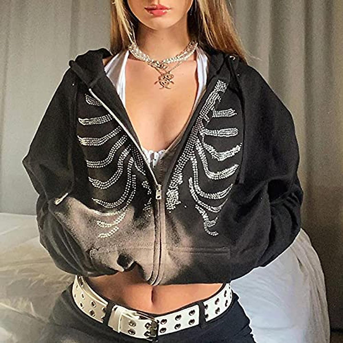 Fabumily Women Zip Up Hoodie Casual Long Sleeve Y2K Vintage Graphic Aesthetic Sweatshirts Top E-Girl 90s Streetwear Jacket(D- Black, Large)