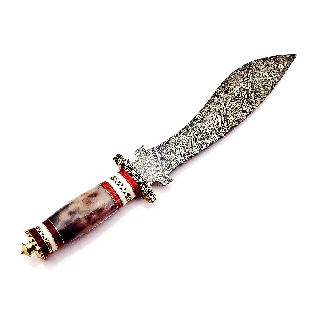 Skokie Knives Custom Damascus Steel Hunting Knife Color Camel Bone Handle with Brass Spacer -Handmade Premium Quality Edge Fixed Blade – For Multipurpose – Ideal for Survival Hunting Camping Hiking Outdoor Every Day Carry Professional Use Art of Craftsman