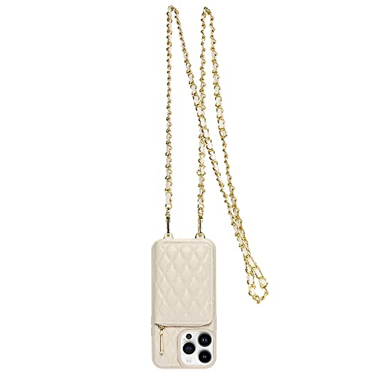 LAMEEKU iPhone 13 Pro Max Wallet Case, Quilted Leather Crossbody Card Holder with Chain Strap - Beige