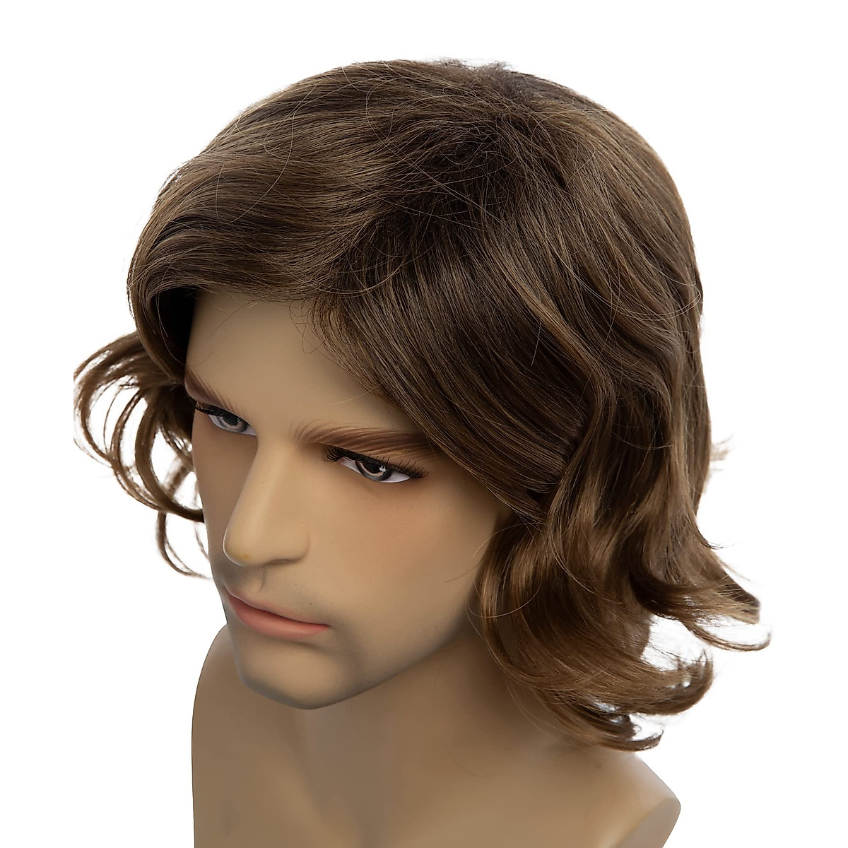 Beweig Mens Brown Wig Short Curly Side Part Synthetic Hair Replacement Wig for Daily Party Costume Halloween