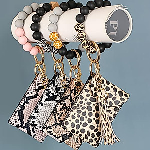 UpUDo Keychain Bracelet Wristlet, Silicone Beaded Key Ring Bracelet with Card Wallet, Elastic Keyring Bangle for Womens