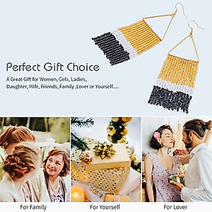 Handmade Beaded Tassel Earrings - Statement Seed Bead Earrings, Boho Beaded Fringe Drop Earrings for Women (TRIANGLE GOLD BLACK)