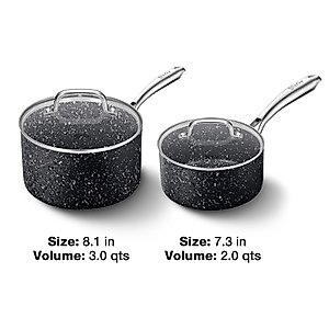 HLFRG Saucepan Set with Lid, Nonstick 2Qt & 3Qt Sauce Pan Set with Lid, Small Pot with Lid, Natural Granite Nonstick Saucepan Set, Small Sauce Pots, Black Pot Set - 2Qt & 3Qt