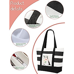 PARBEE Initial Canvas Tote Bag, Stripe & Floral Monogrammed Tote Bag with Pocket Top Zipper, Large Beach Bags Monogram Gift for Women Bridal Shower Wedding Birthday Mom Teachers, B
